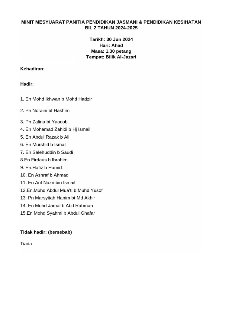 MINIT MESYUARAT BIL 2 2024-25 PJPK (1) | PDF