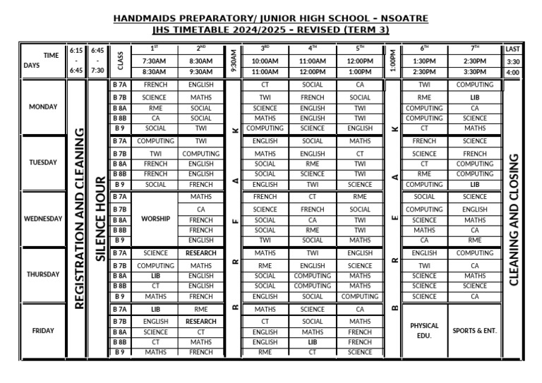 JHS Timetable 2024/2025 - Term 3 | PDF