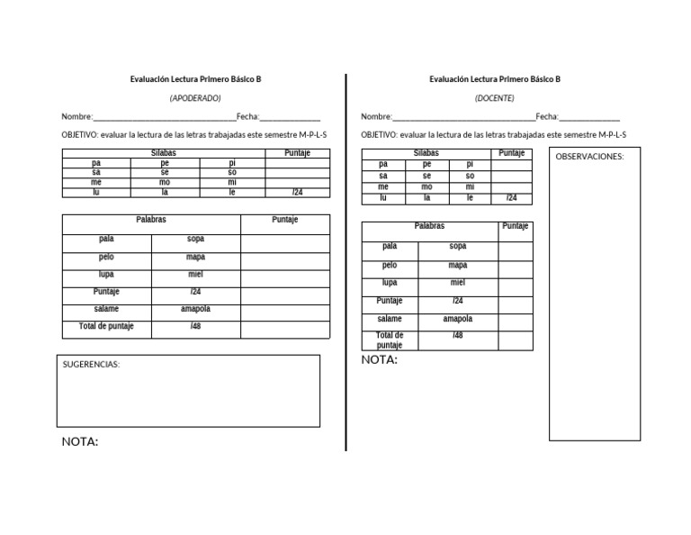Evaluación de Lectura Primero Básico | PDF