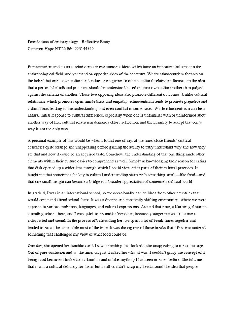 Cultural Relativism vs. Ethnocentrism Essay | PDF | Experience | Relativism
