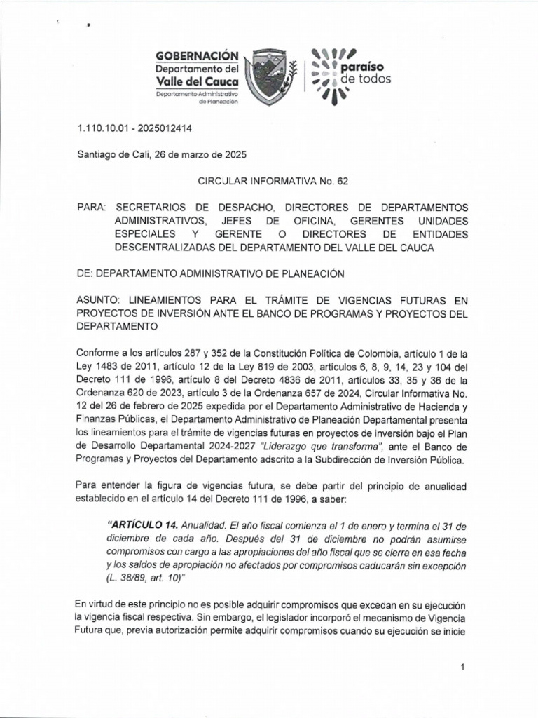 Circular 62 Lineamientos Tramite Vigencias Fuuras en Proyectos Inversion Ante El BPPD | PDF