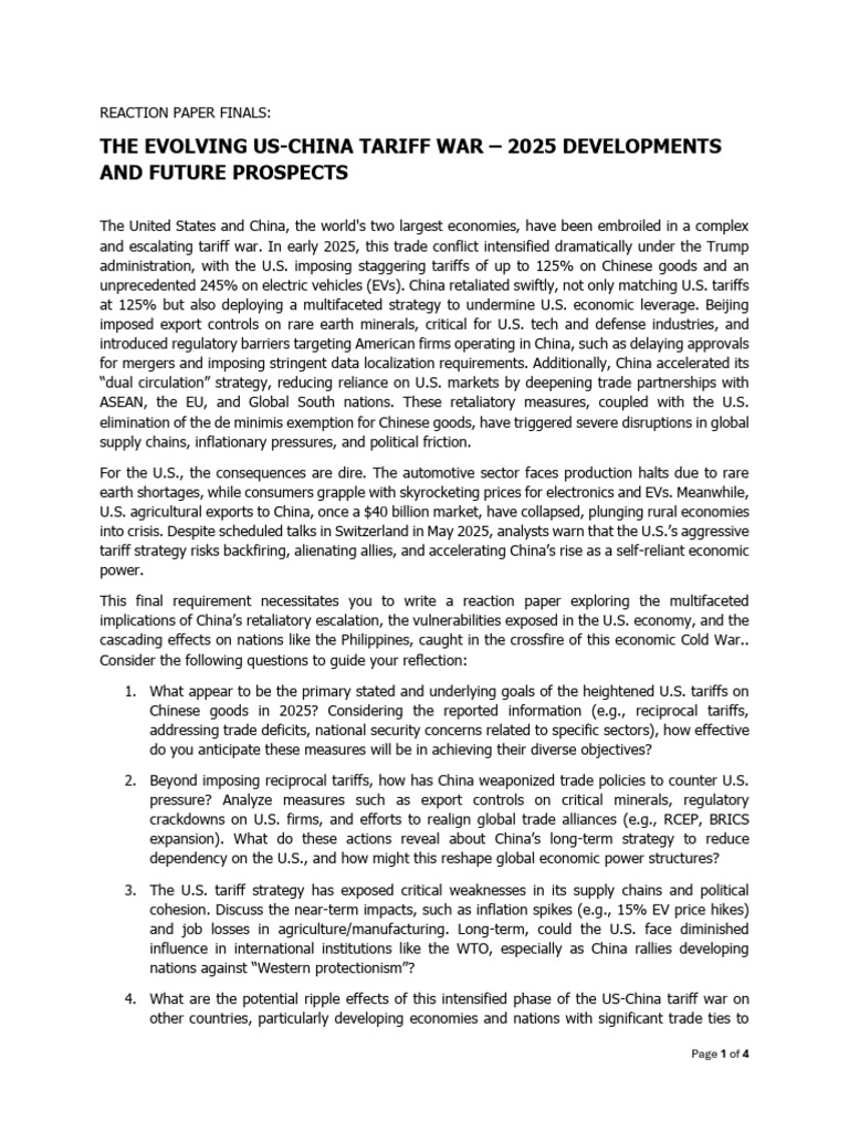 Reaction Paper FINALS 2.0 - THE EVOLVING US CHINA TARIFF WAR | PDF | Tariff | Trade