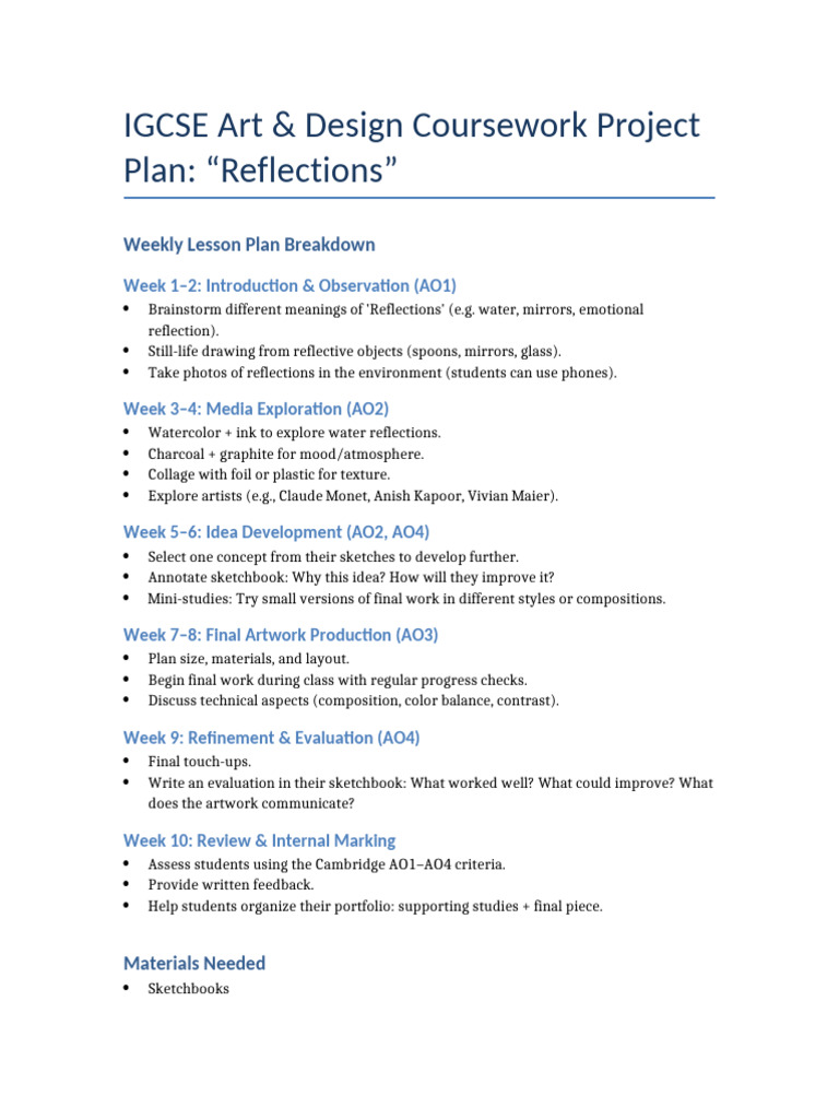IGCSE Art Design Project Reflections | PDF