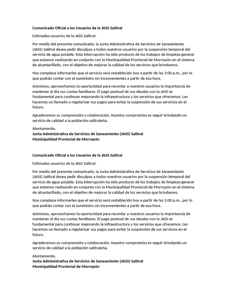 Comunicado Oficial a Los Usuarios de La JASS Salitral | PDF | Alcantarillado | La contaminación ...