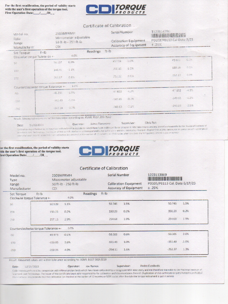 Cert. de Llave de Torque 1 | PDF