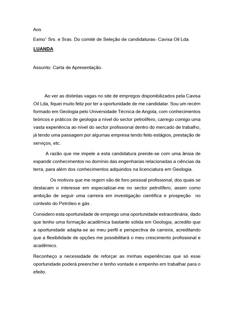 Carta de Apresentação - Cavisa Oil Lda | PDF