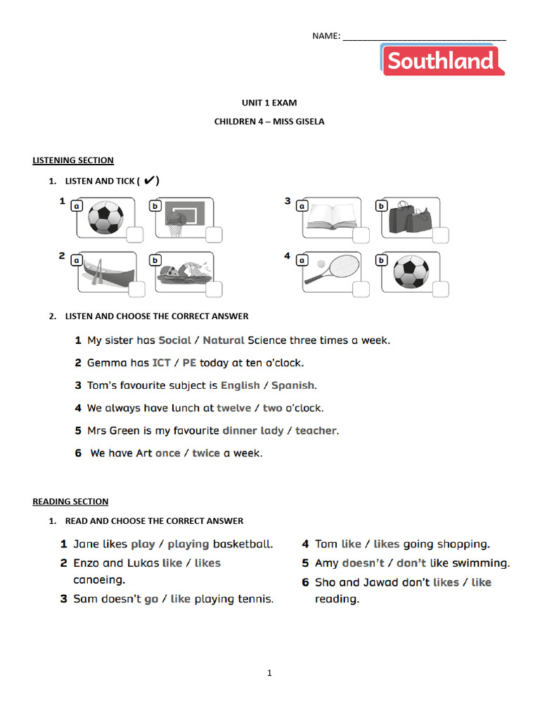 Unit 1 Exam for Children 4 | PDF