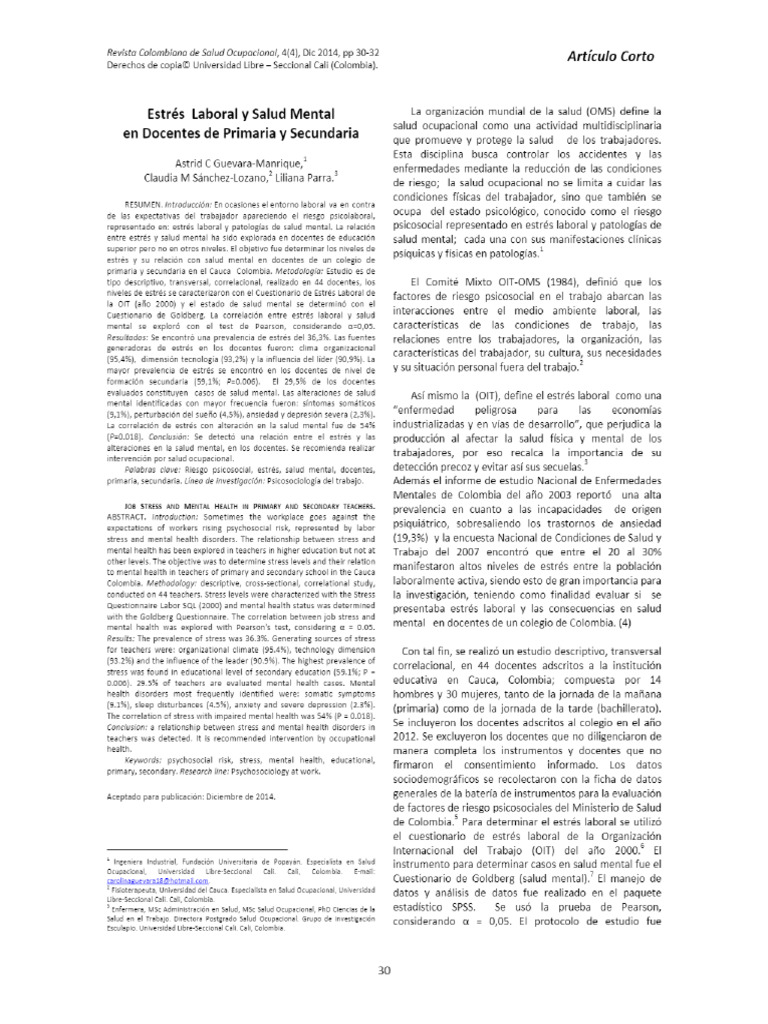 Estrés Laboral y Salud Mental en Docentes de Primaria y Secundaria | PDF