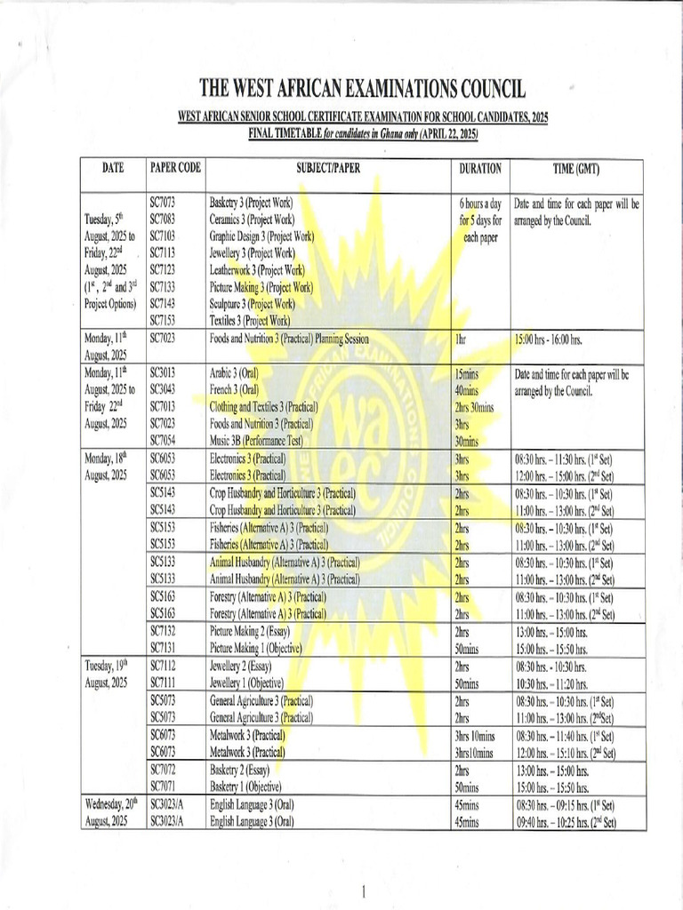 Wassce (SC) 2025 Timetable | PDF