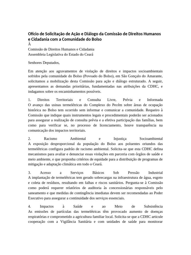 Oficio CDH Comunidade Do Bolso | PDF | Ambiente natural