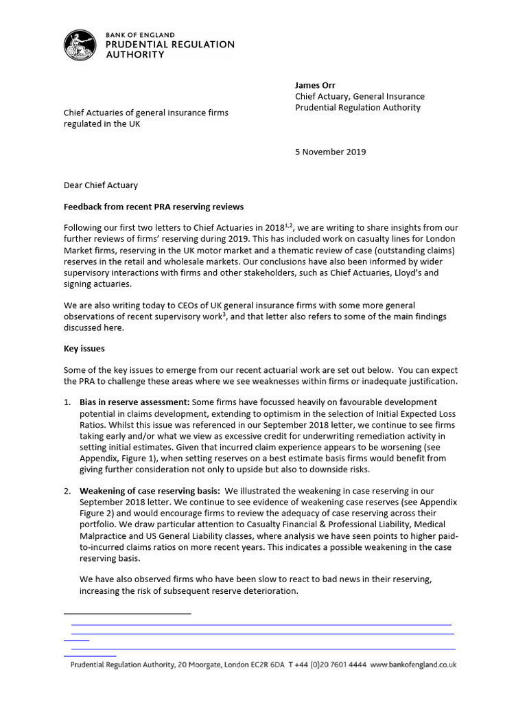 Letter From James Orr Feedback From Recent Pra Reserving Reviews | PDF ...