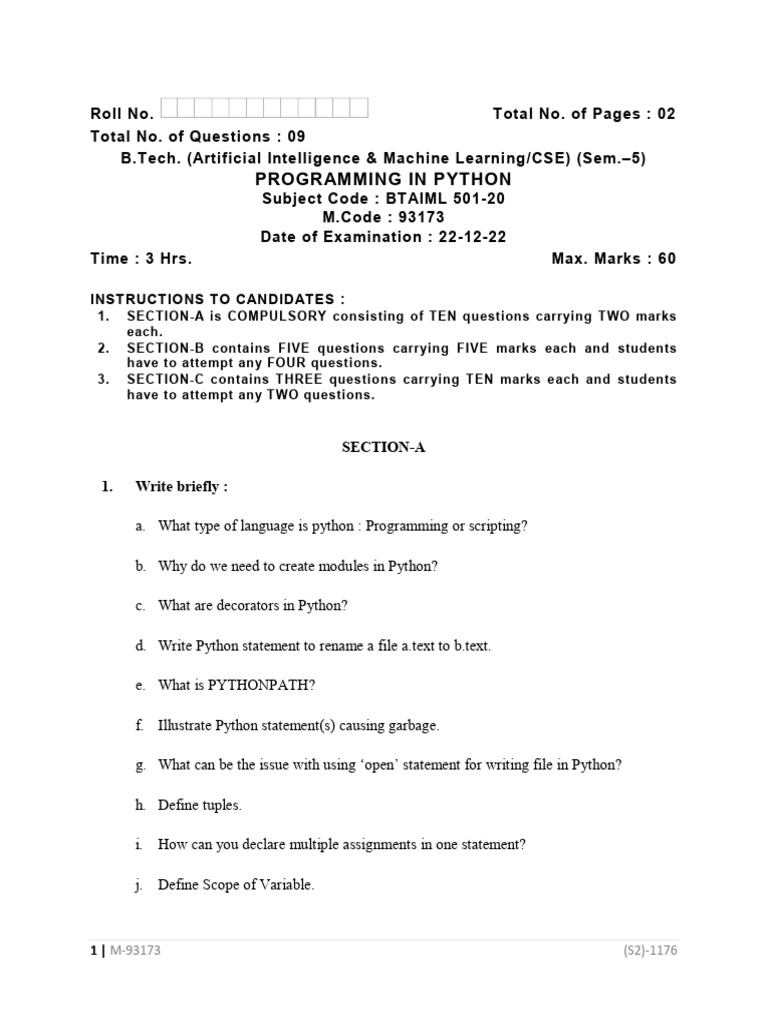 Btech Aiml Cse 5 Sem Programming in Python 93173 Dec 2022 | PDF | Python (Programming Language ...