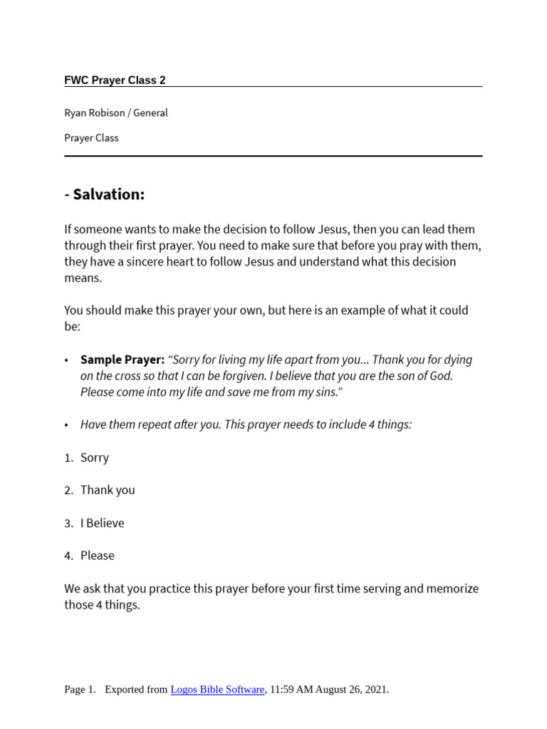 FWC Prayer Class 2 Handout | PDF | Prophecy | Prayer