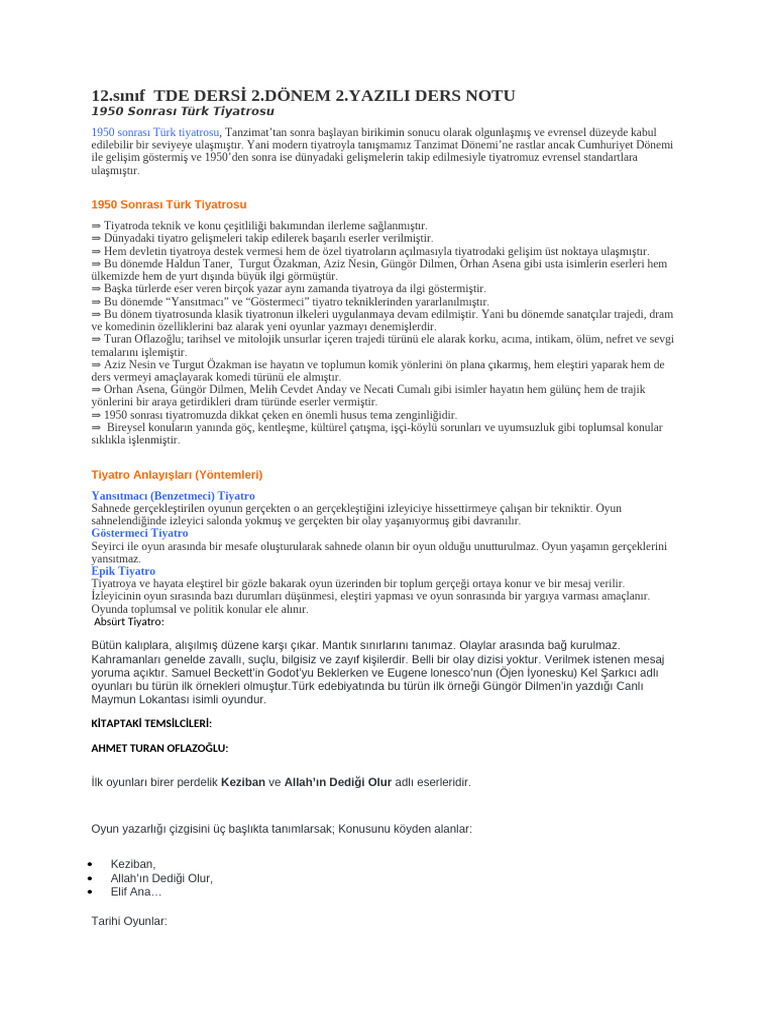 TDE 2.YAZILI DERS NOTLARI (1) | PDF