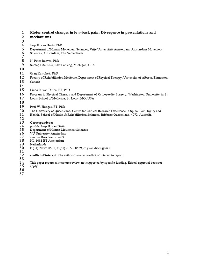 Motor Control Changes in Low-Back Pain Divergence in Presentations and ...