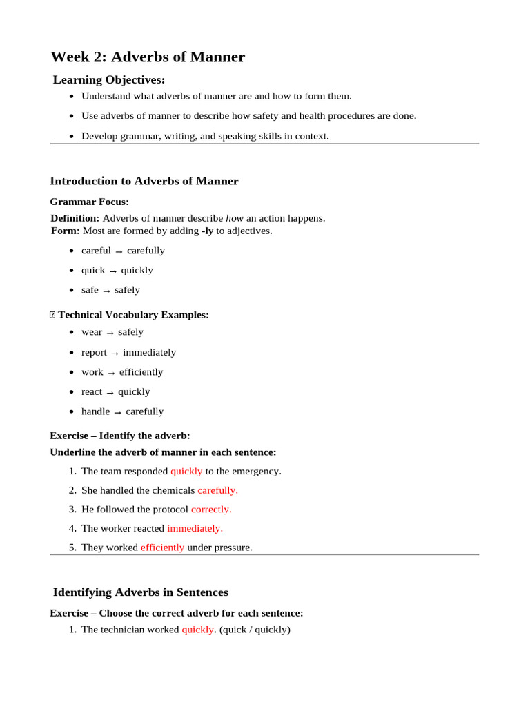 Week 2 - Adverbs of Manner | PDF | Adverb | Language Mechanics