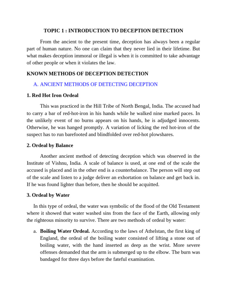 Topic 1 Lie Detection Techniques | PDF | Polygraph | Deception