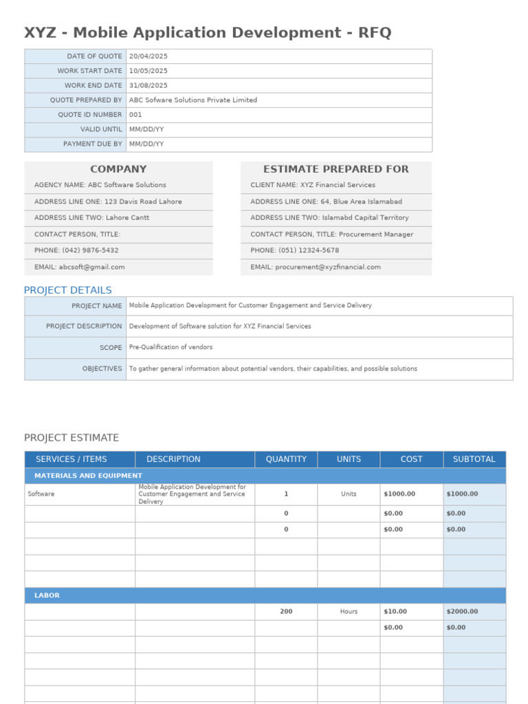 RFQ - XYZ Mobile Application | PDF | Computing | Information Technology