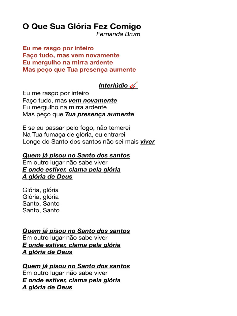 Letra - O Que Tua Glória Fez Comigo - Fernanda Brum - 1 | PDF