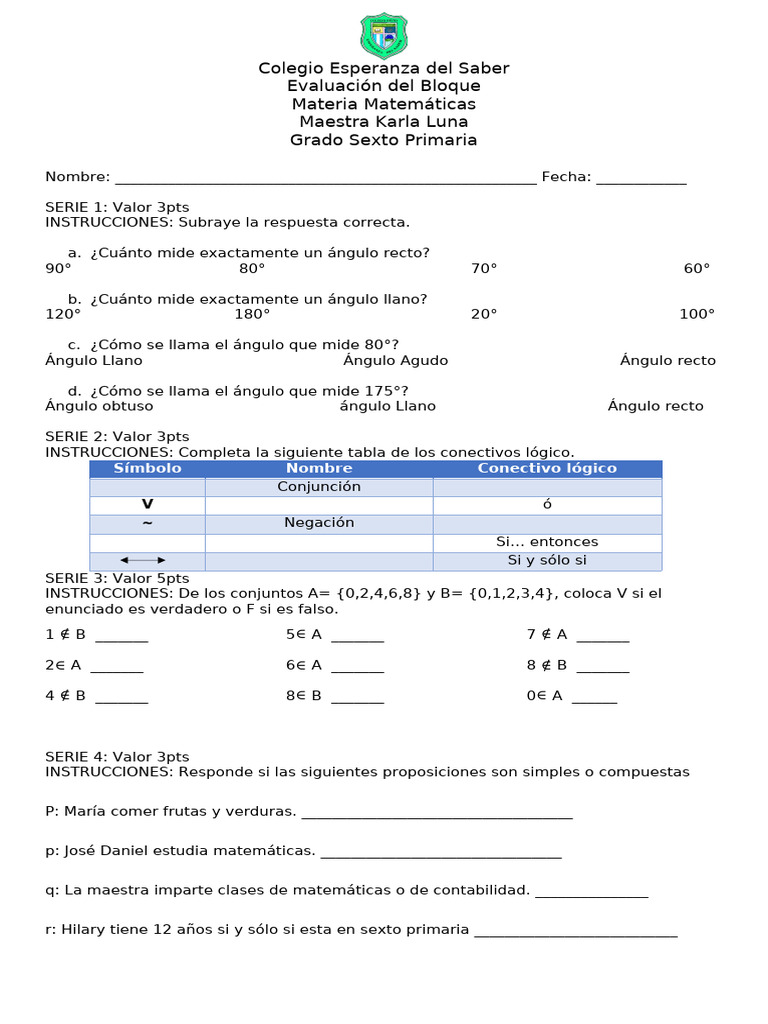 Evaluación de Matemáticas Sexto Grado | PDF | Lógica | Metalogica