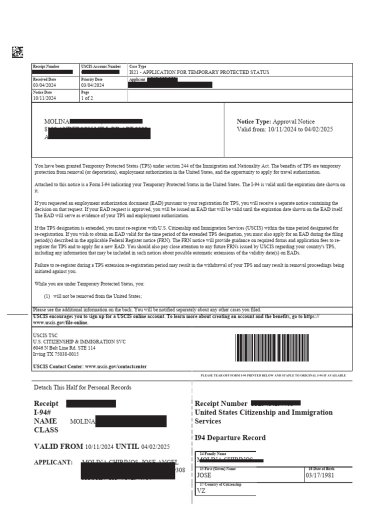 TPS Approval With I-94 | PDF | International Law | Immigration To The ...