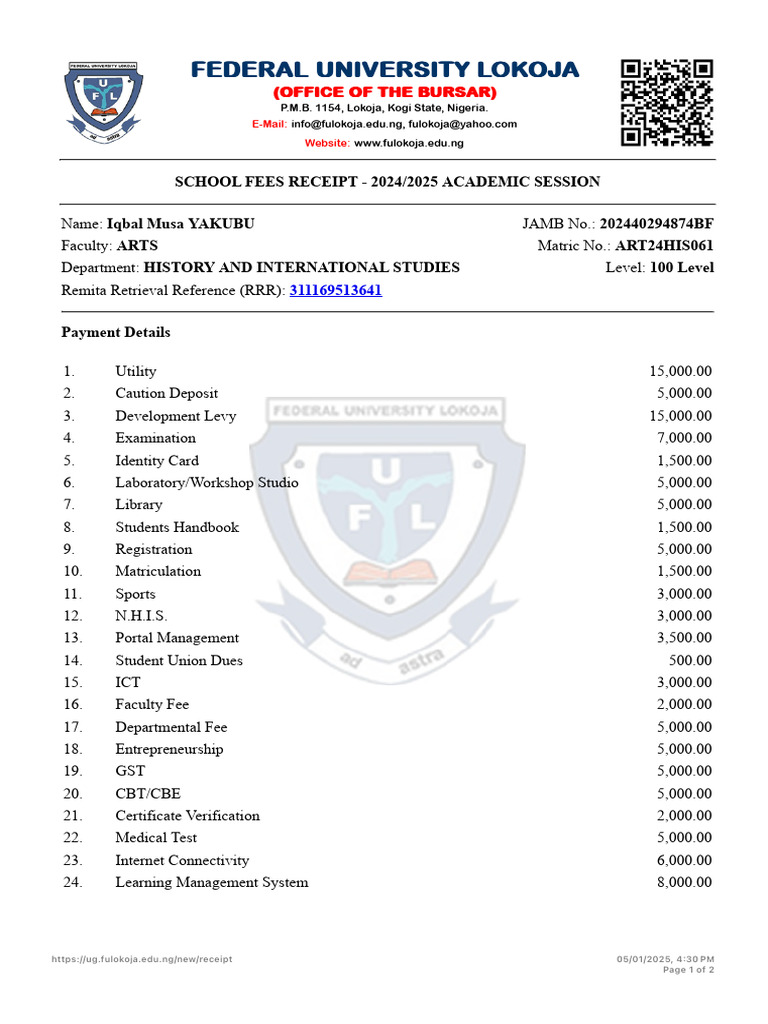 Federal University Lokoja Fees 2025 | PDF