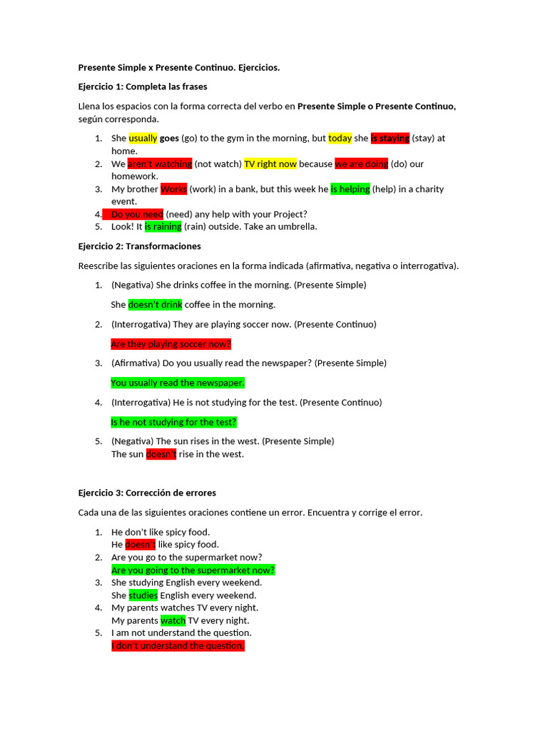 Ejercicios Presente Simple X Presente Continuo 1 | PDF