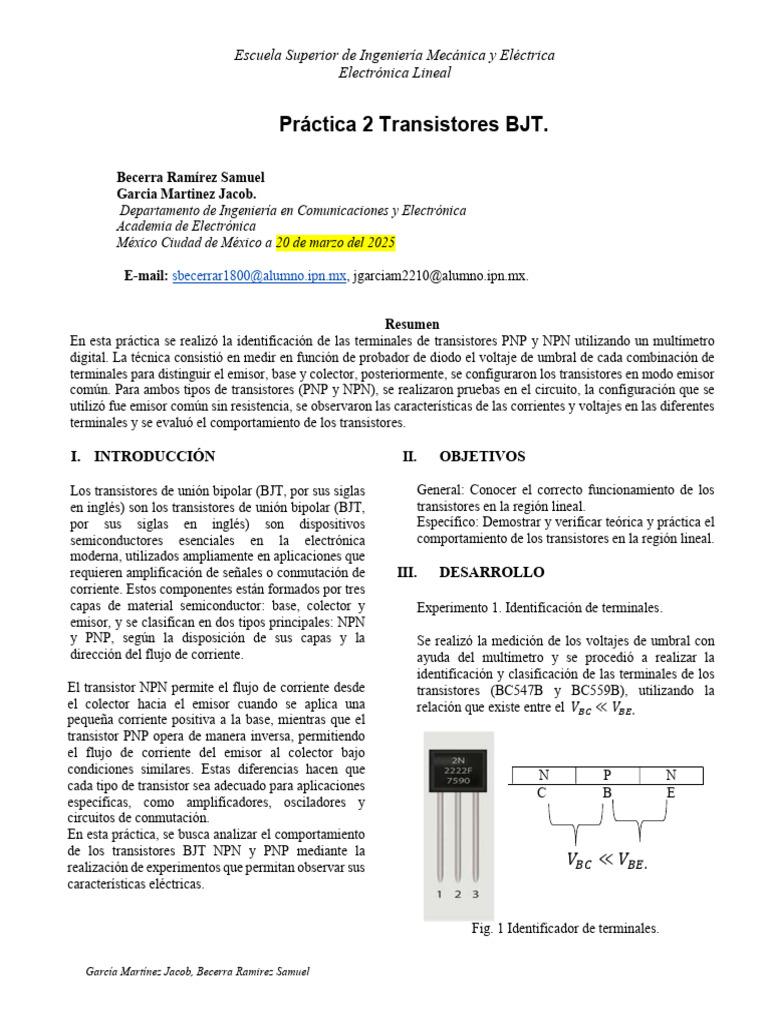 Práctica 2 Transistores BJT.: Becerra Ramírez Samuel Garcia Martinez ...