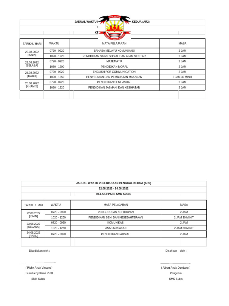 JADUAL EXAM PPKI AR2 2022 | PDF