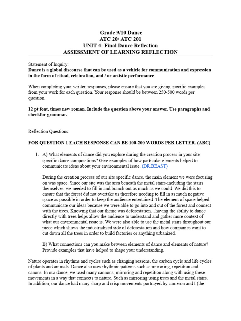 Copy of 2024 Grade 9 Final Dance Reflection Questions | PDF | Dances ...