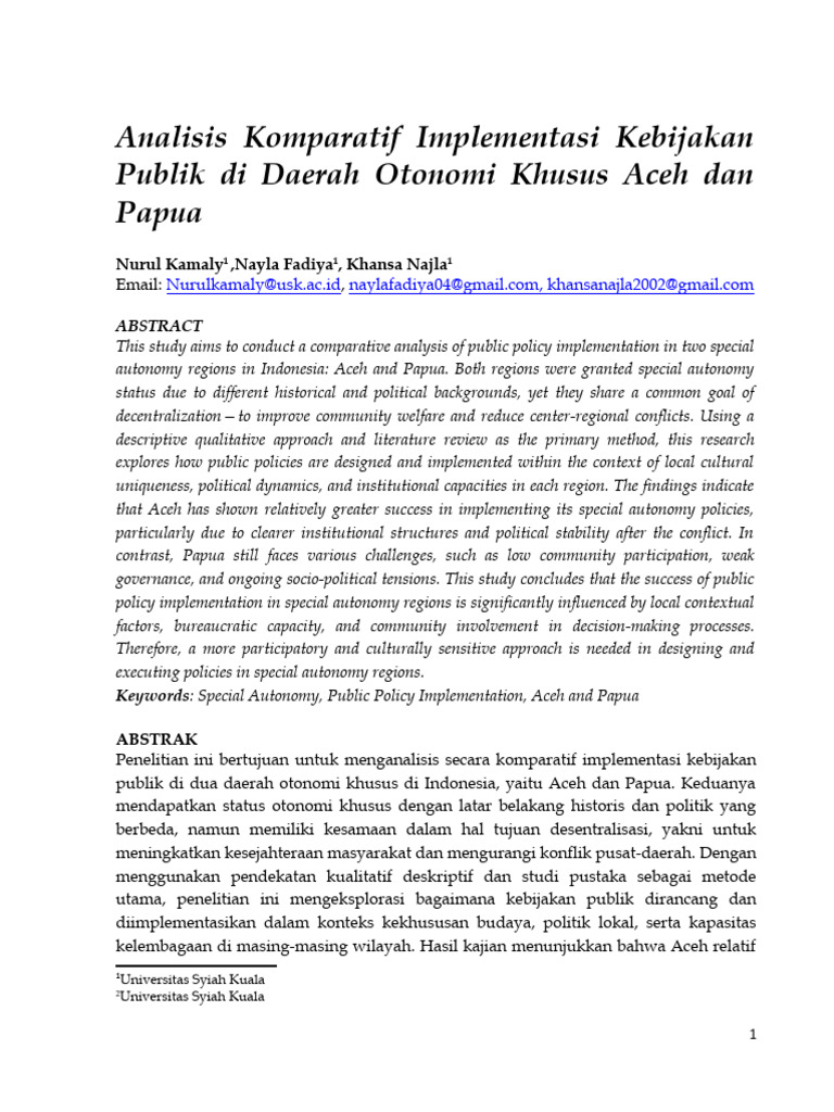 Analisis Komparatif Implementasi Kebijakan Publik Di Daerah Otonomi Khusus Aceh Dan Papua | PDF