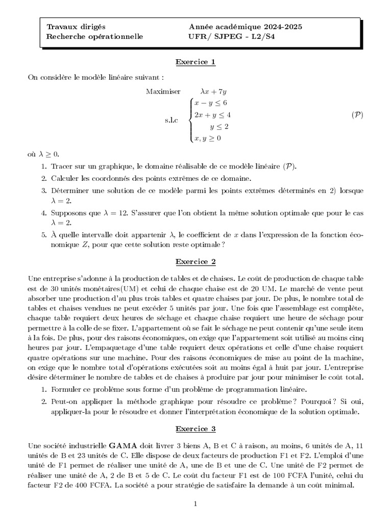 TD Ro - 2425 1 | PDF | Optimisation linéaire | Optimisation mathématique
