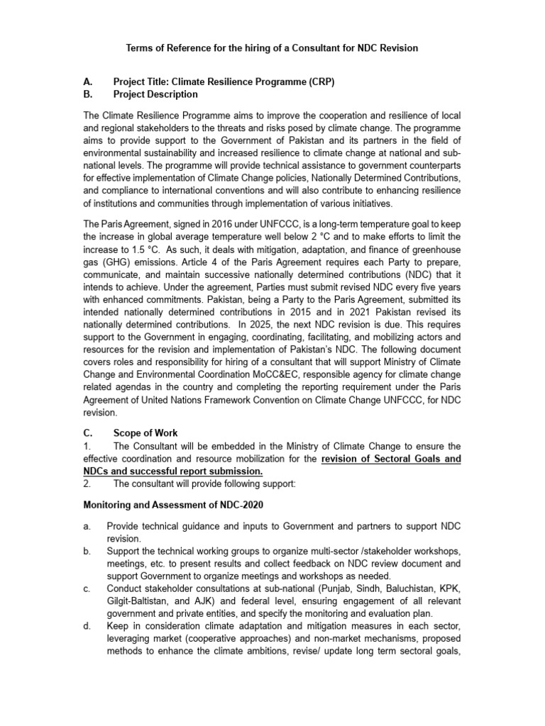 Terms of Reference For Consultant Pakistan NDC | PDF | Climate Change