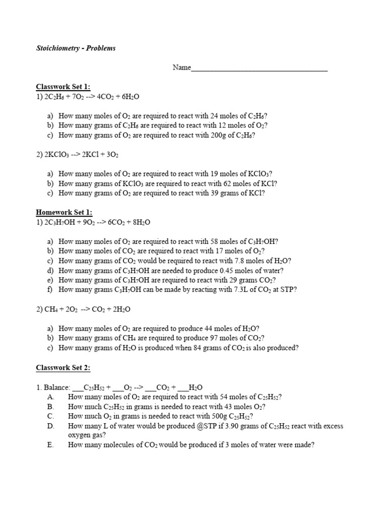 Stoichiometry Worksheet | PDF | Oxide | Nitric Acid