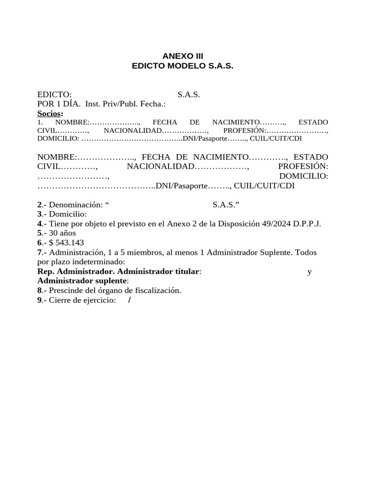 Anexo III Edicto Modelo S.A.S | PDF