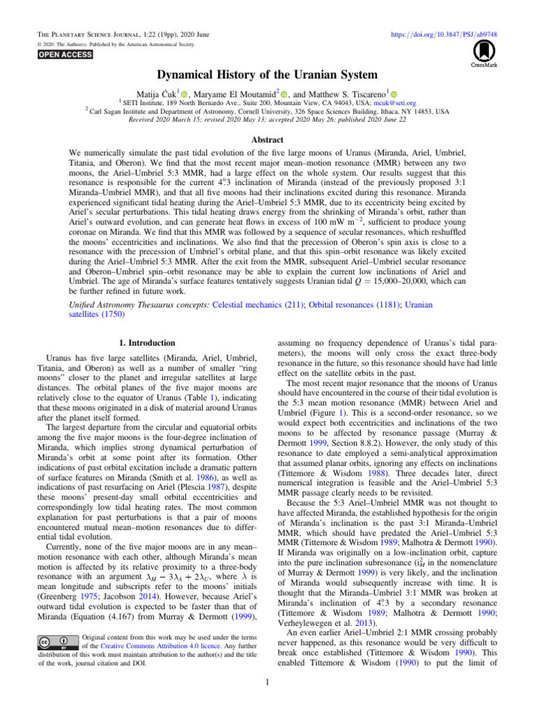 Dynamical History of The Uranian System | PDF | Natural Satellite | Uranus