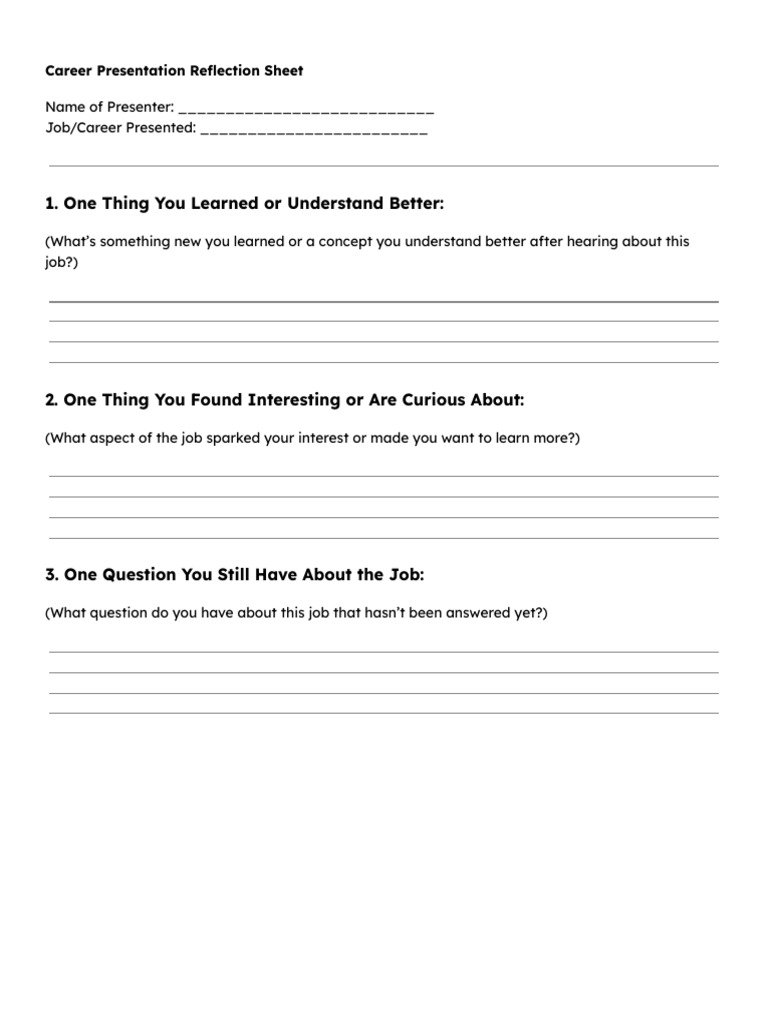 Career Presentation Reflection Sheet | PDF