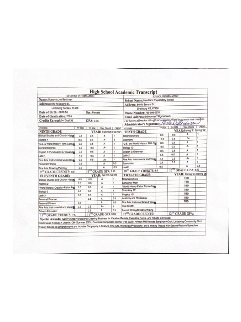 High School Academic Transcript | PDF