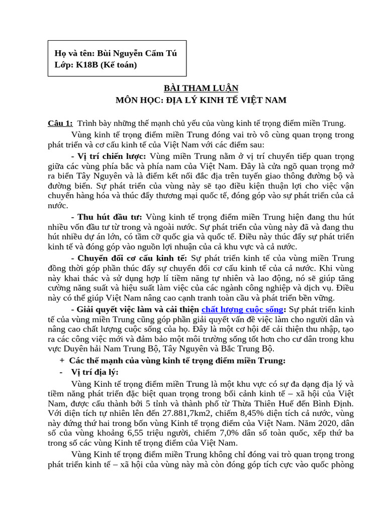 Bai Tham Luan Mon Dia Ly Kinh Te Viet Nam (Cam Tu-K18b Ke Toan) | PDF