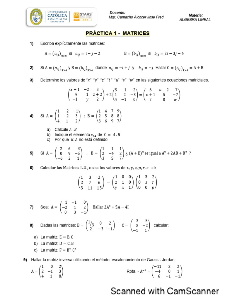 Práctica 1 Matrices Ucb - 2024 | PDF | Matriz (Matemáticas) | Física Matemática