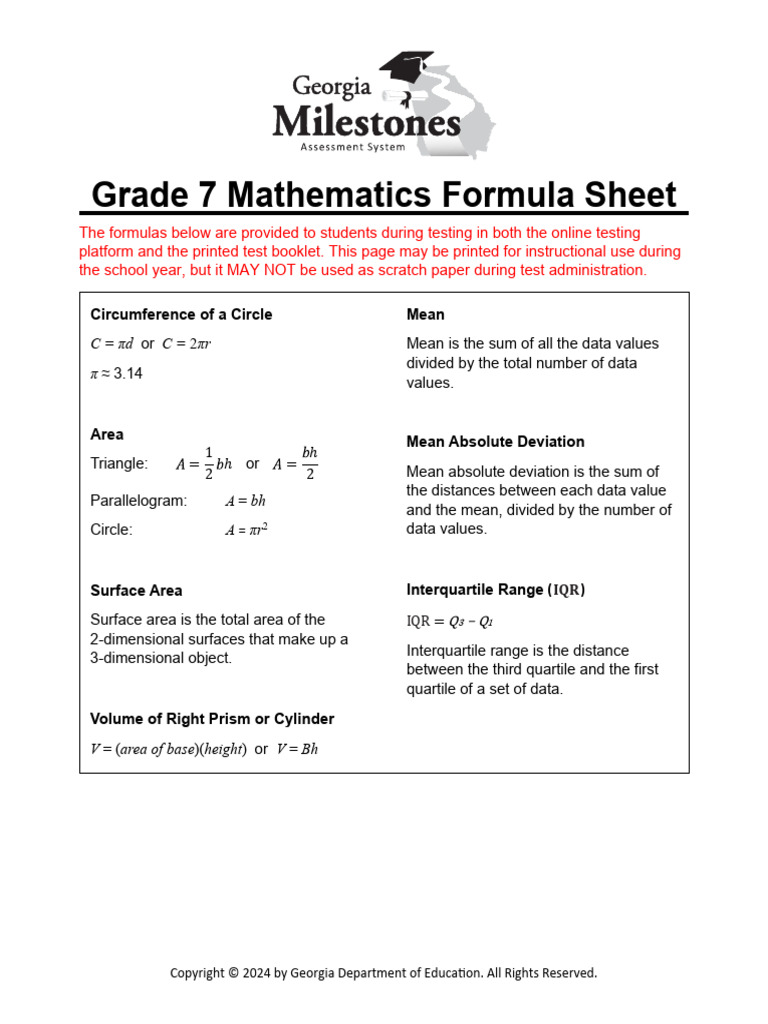 Grade 7 Math Formula Reference Sheet | PDF