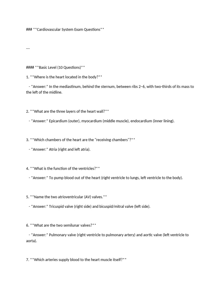 Cardiovascular System Exam Questions | PDF | Heart | Heart Valve
