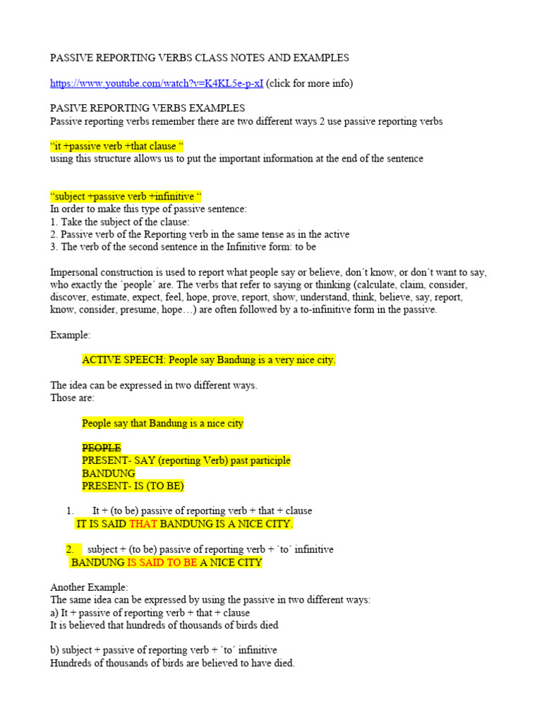 Passive Reporting Verbs With Examples | PDF | Verb | Perfect (Grammar)