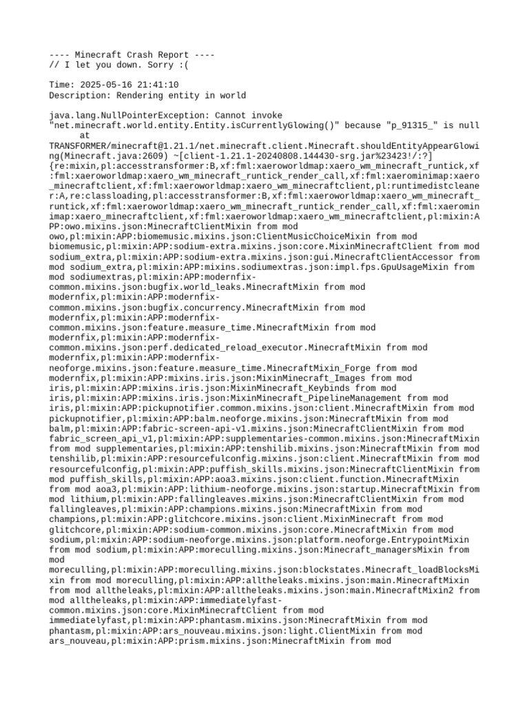 Minecraft NullPointerException Crash Report | PDF | Computer ...