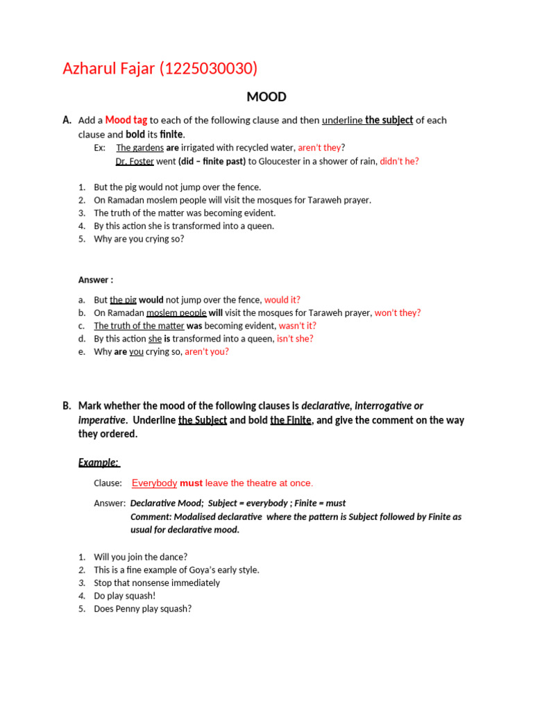 Azharul Fajar - Individual Task (MOOD) | PDF | Clause | Language Mechanics