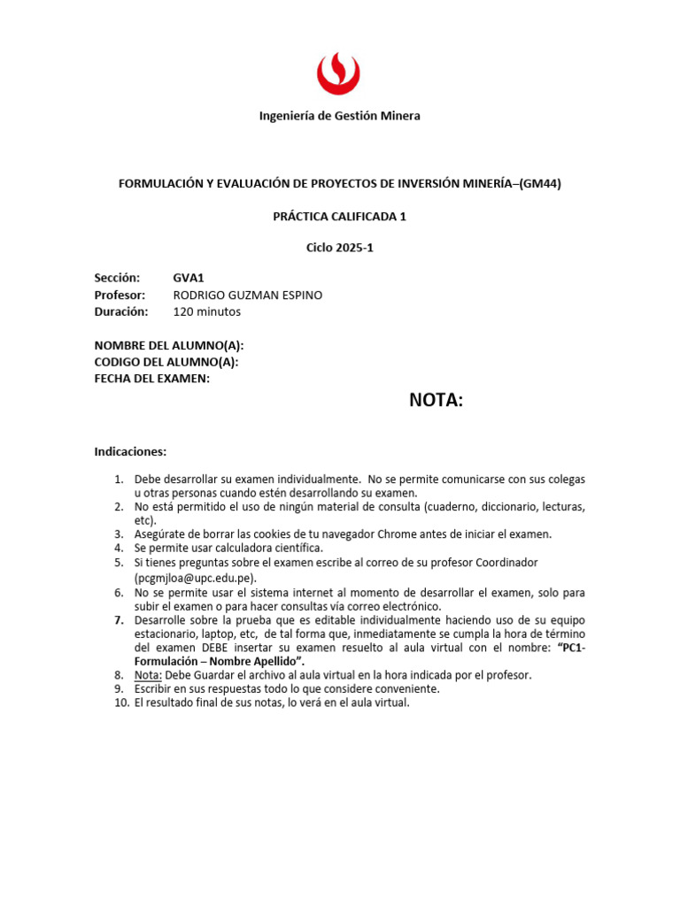 Pc1-Formula - Proyectos de Inversión Minería-2025-I | PDF | Cobre | Minería