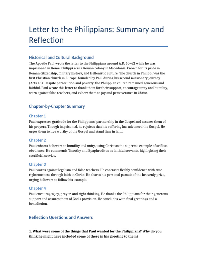 Philippians Summary and Reflection | PDF | Epistle To The Philippians ...