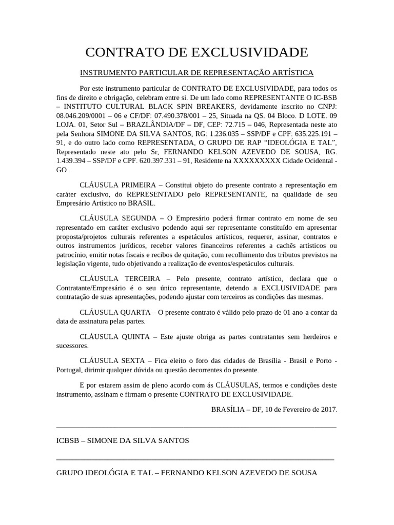 CONTRATO 20DE 20EXCLUSIVIDADE 20e 20anu c3 Aancia | PDF