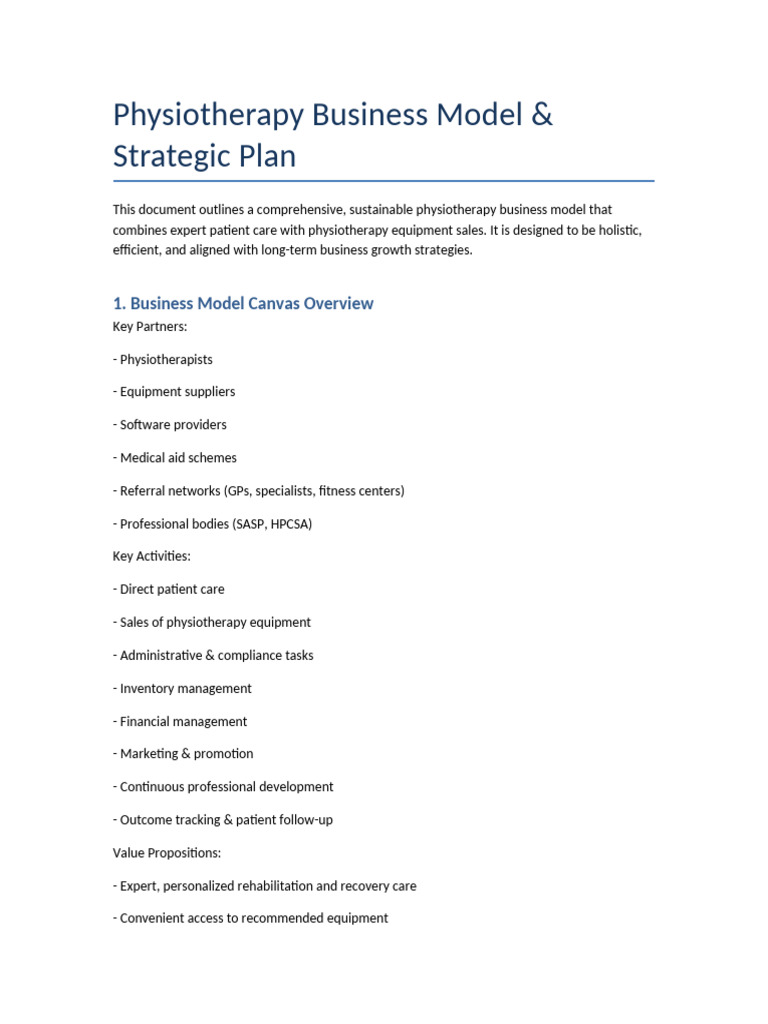 Physiotherapy Business Strategic Plan Pdf Physical Therapy