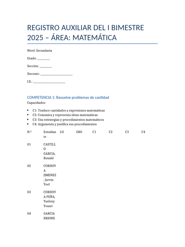 Registro Auxiliar Matematica I Bimestre 2025 | PDF | Matemáticas